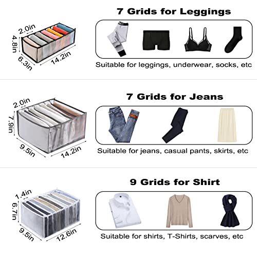 Evankin 2PCS Wardrobe Clothes Organizer - 7-Grid Drawer & Closet Storage Organizer - Nylon Mesh Organizer - Large Size for Jeans, Pants, Skirts (Grey) 2 pack