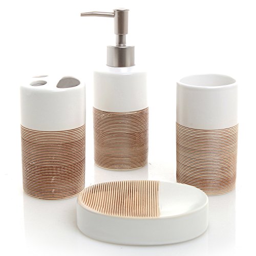 MyGift Bathroom Accessories Set, Deluxe 4 Piece White & Beige Ceramic Bath Accessory Set with Soap Pump Dispenser, Toothbrush Holder, Tumbler & Soap Dish