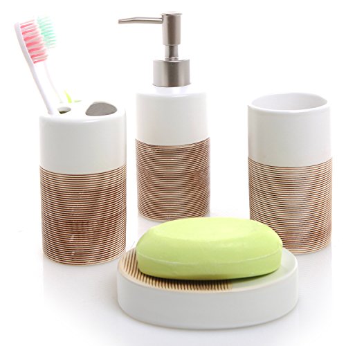 MyGift Bathroom Accessories Set, Deluxe 4 Piece White & Beige Ceramic Bath Accessory Set with Soap Pump Dispenser, Toothbrush Holder, Tumbler & Soap Dish