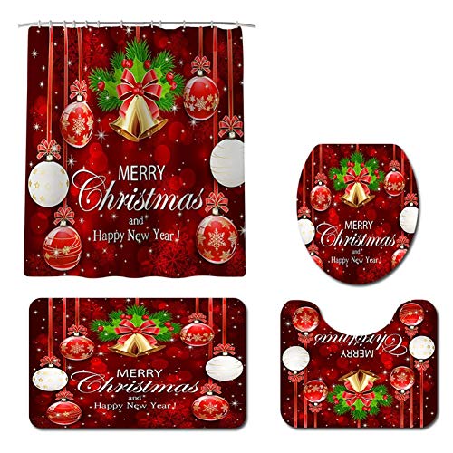 zhangwei Shower Curtains for Bathroom, Christmas Shower Curtain Set for Bathroom, Winter Holiday Festival New Year Shower Curtain Sets with 12 Hooks and Non-Slip Rugs, Bath Mat, Toilet Lid Cover