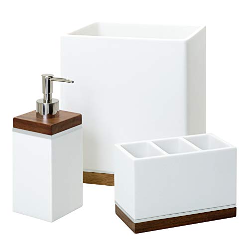 Zenna Home 3-Piece Bathroom Accessory Set: Vanity Organizer, Lotion or Soap Dispenser, and Waste Basket,White with Maple Trim, Brentwood Bath Accessories