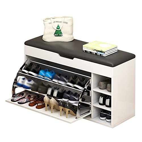 Priority Culture Shoe Rack Bench with Storage and Cushion, Shoe Rack Bench Tipping Bucket Shoe Cabinet, Leather Entryway Shoe Bench Seat Shoe Organizer Shoe Cabinet, No Installation Required