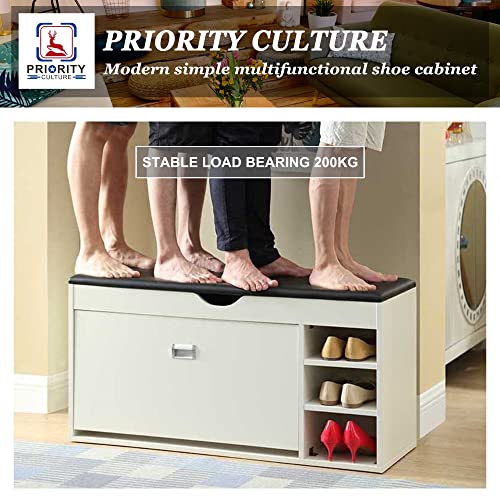 Priority Culture Shoe Rack Bench with Storage and Cushion, Shoe Rack Bench Tipping Bucket Shoe Cabinet, Leather Entryway Shoe Bench Seat Shoe Organizer Shoe Cabinet, No Installation Required