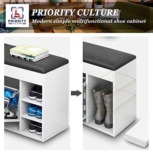 Priority Culture Shoe Rack Bench with Storage and Cushion, Shoe Rack Bench Tipping Bucket Shoe Cabinet, Leather Entryway Shoe Bench Seat Shoe Organizer Shoe Cabinet, No Installation Required