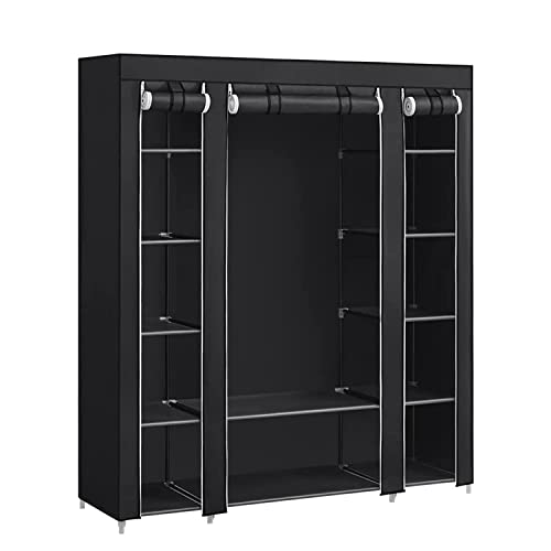 SONGMICS Closet Wardrobe, Portable Closet for Bedroom, Clothes Rail with Non-Woven Fabric Cover, Clothes Storage Organizer, 59 x 17.7 x 69 Inches, 12 Compartments, Black ULSF03H