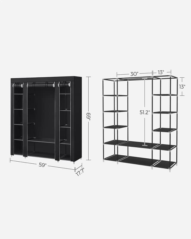 SONGMICS Closet Wardrobe, Portable Closet for Bedroom, Clothes Rail with Non-Woven Fabric Cover, Clothes Storage Organizer, 59 x 17.7 x 69 Inches, 12 Compartments, Black ULSF03H