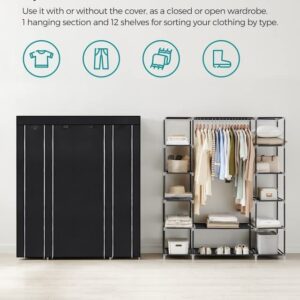 SONGMICS Closet Wardrobe, Portable Closet for Bedroom, Clothes Rail with Non-Woven Fabric Cover, Clothes Storage Organizer, 59 x 17.7 x 69 Inches, 12 Compartments, Black ULSF03H