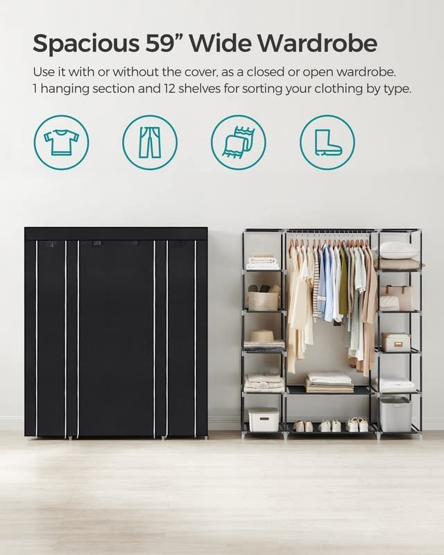 SONGMICS Closet Wardrobe, Portable Closet for Bedroom, Clothes Rail with Non-Woven Fabric Cover, Clothes Storage Organizer, 59 x 17.7 x 69 Inches, 12 Compartments, Black ULSF03H