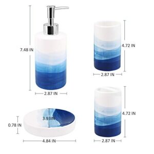 4 Piece Painted Ceramic Bathroom Accessory Set, Includes Soap Dispenser Pump, Toothbrush Holder, Tumbler, Soap Dish Sanitary, Ideas Home Gift for Ware Home Decor Bath(Blue)