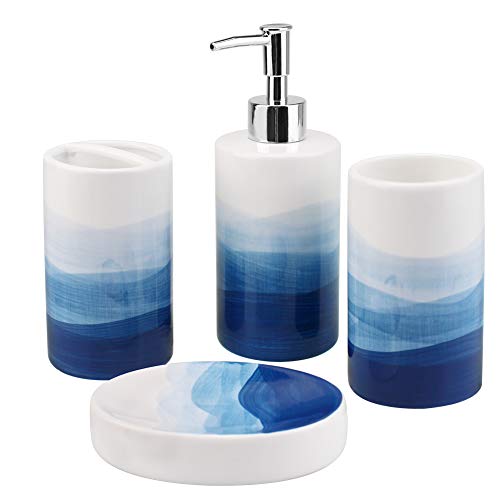 4 Piece Painted Ceramic Bathroom Accessory Set, Includes Soap Dispenser Pump, Toothbrush Holder, Tumbler, Soap Dish Sanitary, Ideas Home Gift for Ware Home Decor Bath(Blue)