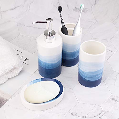 4 Piece Painted Ceramic Bathroom Accessory Set, Includes Soap Dispenser Pump, Toothbrush Holder, Tumbler, Soap Dish Sanitary, Ideas Home Gift for Ware Home Decor Bath(Blue)