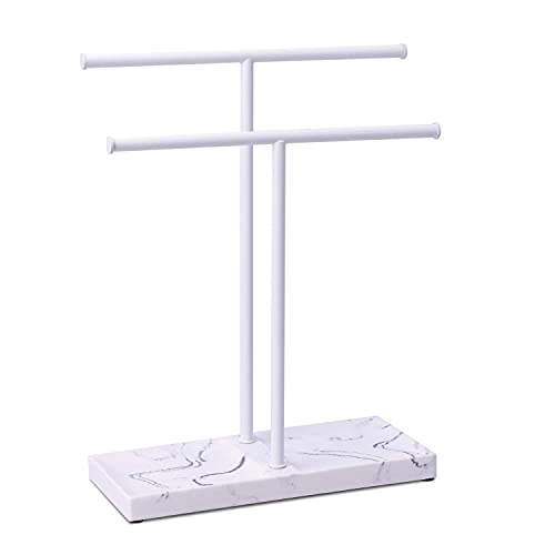 LKKL Hand Towel Holder - Countertop Towel Stand Free Standing - Bathroom Hand Towel Rack Stand Countertop Hand Towel Holder Double T Drying Rack with Soap Tray Resin Base(White)