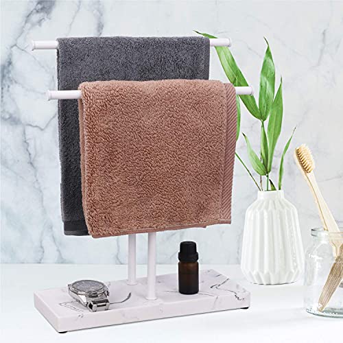 LKKL Hand Towel Holder - Countertop Towel Stand Free Standing - Bathroom Hand Towel Rack Stand Countertop Hand Towel Holder Double T Drying Rack with Soap Tray Resin Base(White)