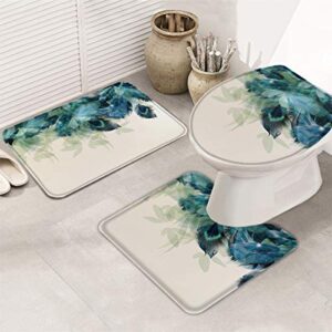 fantasy staring bath rugs set 3 piece, peacock feather washable memory foam non-slip contour mat toilet lid cover bath mat sets for bathroom decor,