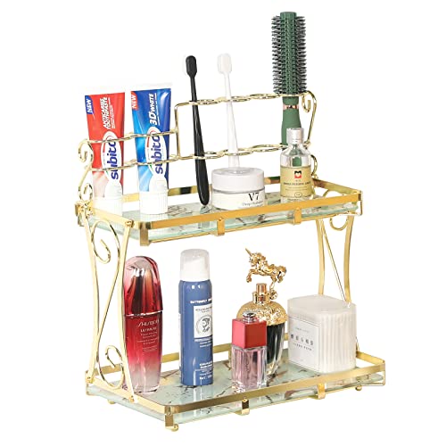 Bathroom Organizer Countertop with Toothbrush Holders, 2 Tier Bathroom Vanity Organizer Makeup Shelf Removable Marble Glass Tier Tray for Dresser,Bedroom, Living Room Gold