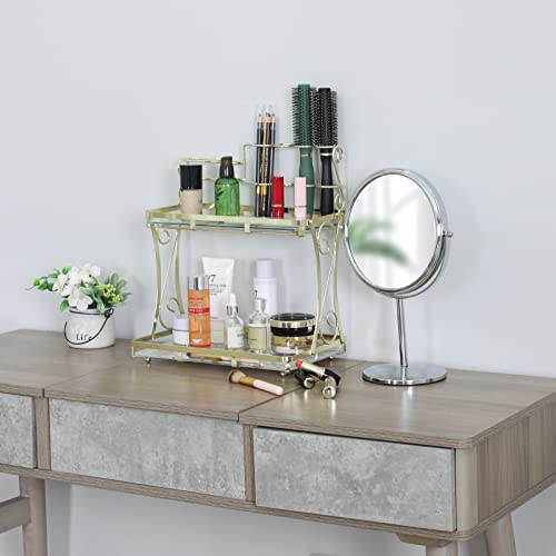 Bathroom Organizer Countertop with Toothbrush Holders, 2 Tier Bathroom Vanity Organizer Makeup Shelf Removable Marble Glass Tier Tray for Dresser,Bedroom, Living Room Gold