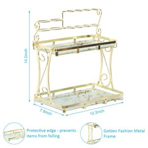 Bathroom Organizer Countertop with Toothbrush Holders, 2 Tier Bathroom Vanity Organizer Makeup Shelf Removable Marble Glass Tier Tray for Dresser,Bedroom, Living Room Gold