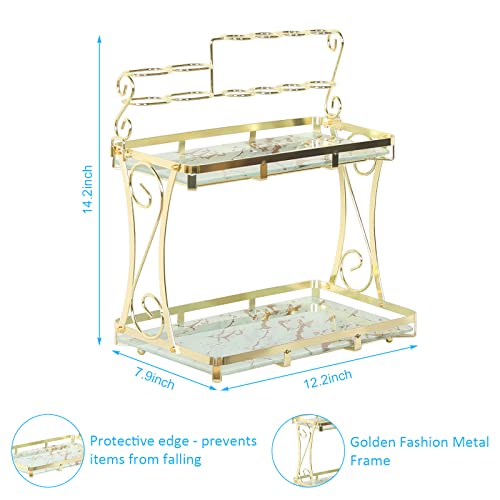 Bathroom Organizer Countertop with Toothbrush Holders, 2 Tier Bathroom Vanity Organizer Makeup Shelf Removable Marble Glass Tier Tray for Dresser,Bedroom, Living Room Gold