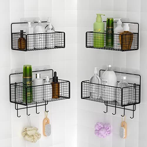 mxxkms 4-Pack Shower Caddy, Large Capacity Shower Shelves Adhesive Shower Organizer No Drilling，Rustproof Bathroom Shower Shelf with 8 Hooks，Shower Shelf for Inside Shower,，kitchen，dormitory， Black