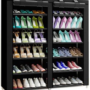 TXT&BAZ 36-Pairs Portable Shoe Rack Double Row with Nonwoven Fabric Cover (7-Tiers Black)