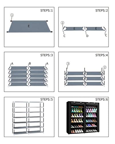 TXT&BAZ 36-Pairs Portable Shoe Rack Double Row with Nonwoven Fabric Cover (7-Tiers Black)