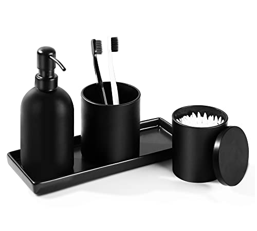 GMISUN Black Bathroom Accessories Set, Matte Black Bathroom Accessory Set, Bathroom Soap Dispenser and Toothbrush Holder Set, Qtip Holder, Modern Bathroom Decor Sets, Glass Bath Accessories Sets