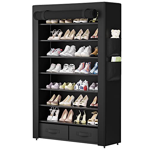 OYREL Shoe Rack Storage Cabinet 32 Pairs Organizer Shelf Tall Zapateras for Shoes Large Free Standing Racks Vertical Black Holder Stand with Cover Two Boxes Closet, 8Tier Long