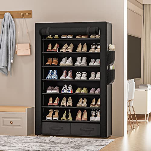 OYREL Shoe Rack Storage Cabinet 32 Pairs Organizer Shelf Tall Zapateras for Shoes Large Free Standing Racks Vertical Black Holder Stand with Cover Two Boxes Closet, 8Tier Long