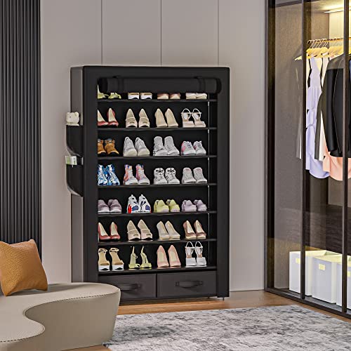 OYREL Shoe Rack Storage Cabinet 32 Pairs Organizer Shelf Tall Zapateras for Shoes Large Free Standing Racks Vertical Black Holder Stand with Cover Two Boxes Closet, 8Tier Long