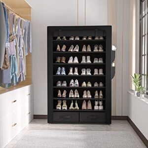 OYREL Shoe Rack Storage Cabinet 32 Pairs Organizer Shelf Tall Zapateras for Shoes Large Free Standing Racks Vertical Black Holder Stand with Cover Two Boxes Closet, 8Tier Long