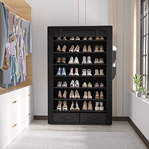 OYREL Shoe Rack Storage Cabinet 32 Pairs Organizer Shelf Tall Zapateras for Shoes Large Free Standing Racks Vertical Black Holder Stand with Cover Two Boxes Closet, 8Tier Long