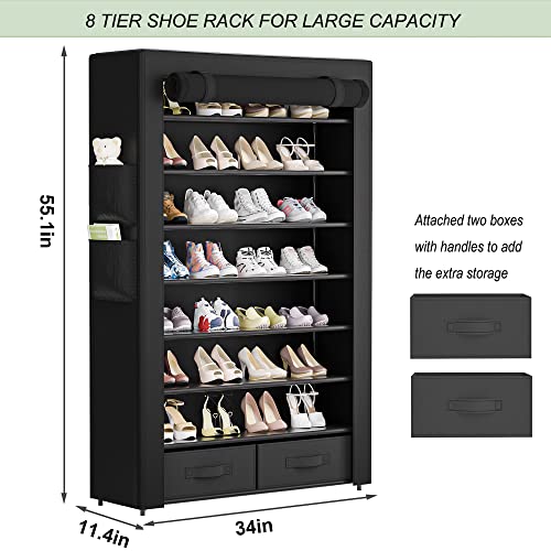 OYREL Shoe Rack Storage Cabinet 32 Pairs Organizer Shelf Tall Zapateras for Shoes Large Free Standing Racks Vertical Black Holder Stand with Cover Two Boxes Closet, 8Tier Long