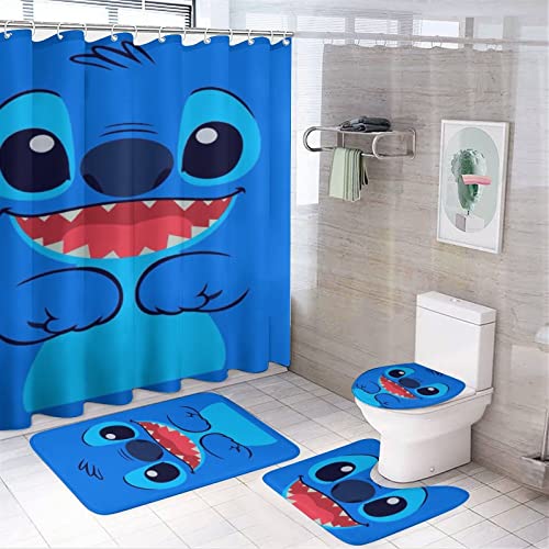 fmsnupz Cartoon Shower Curtain 4PCS Set, Cute Bathroom Decor with Non-Slip Rugs, Toilet Lid Cover and Bath Mat, Waterproof Fabric Shower Curtains with 12 Hooks, 70.8"x70.8"