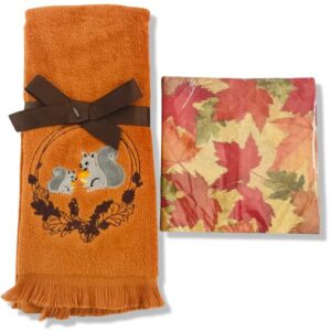 Serafina Home Decorative Fall Fingertip Towels: Elegant Embroidered Squirrels with Acorns in Autumn Wreath Design on Plush Burnt Orange, 2 Piece Set, 11" x 18" Inch