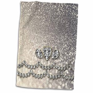 3drose sparkling luxury diamond and heart silver faux glitter effect print towel, 15 x 22