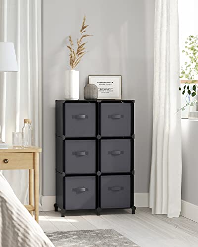 SONGMICS Cube Storage Organizer with Storage Boxes, 6-Cube Organizer, 6 Collapsible Non-Woven Fabric Bins, Customizable Shape, Bedroom, Living Room, Space-Saving, Black and Gray ULPC062B01