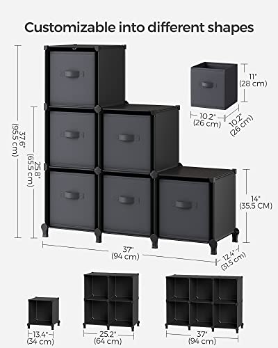 SONGMICS Cube Storage Organizer with Storage Boxes, 6-Cube Organizer, 6 Collapsible Non-Woven Fabric Bins, Customizable Shape, Bedroom, Living Room, Space-Saving, Black and Gray ULPC062B01