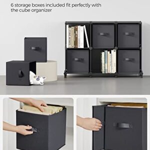 SONGMICS Cube Storage Organizer with Storage Boxes, 6-Cube Organizer, 6 Collapsible Non-Woven Fabric Bins, Customizable Shape, Bedroom, Living Room, Space-Saving, Black and Gray ULPC062B01