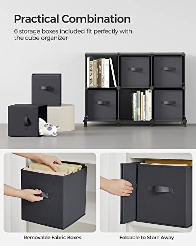 SONGMICS Cube Storage Organizer with Storage Boxes, 6-Cube Organizer, 6 Collapsible Non-Woven Fabric Bins, Customizable Shape, Bedroom, Living Room, Space-Saving, Black and Gray ULPC062B01