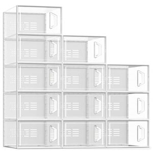 see spring large 12 pack shoe storage box, shoe organizer for closet, clear plastic stackable shoe boxes, space saving foldable sneaker shoe rack containers bin holder (clear)