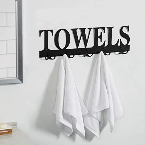 MyGift Wall Mounted Black Metal Towel Rack with 5 Dual Hooks and Cut Out Towels Design, Decorative Hanging Towel Hooks