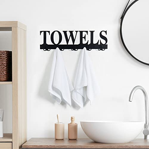 MyGift Wall Mounted Black Metal Towel Rack with 5 Dual Hooks and Cut Out Towels Design, Decorative Hanging Towel Hooks