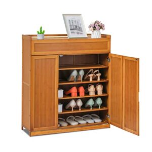 monibloom bamboo entryway shoe cabinet, free standing 6 tier shoe floor storage organizer with doors for entryway balcony bathroom living room, brown