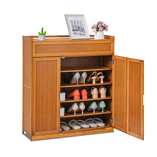 MoNiBloom Bamboo Entryway Shoe Cabinet, Free Standing 6 Tier Shoe Floor Storage Organizer with Doors for Entryway Balcony Bathroom Living Room, Brown