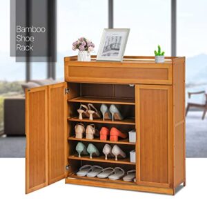 MoNiBloom Bamboo Entryway Shoe Cabinet, Free Standing 6 Tier Shoe Floor Storage Organizer with Doors for Entryway Balcony Bathroom Living Room, Brown