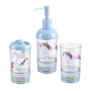 unicorn rainbow 3pc set lotion pump/toothbrush holder/tumbler bath accessory set blue novelty plastic