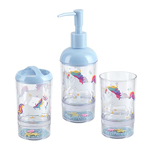 Unicorn Rainbow 3pc Set Lotion Pump/Toothbrush Holder/Tumbler Bath Accessory Set Blue Novelty Plastic