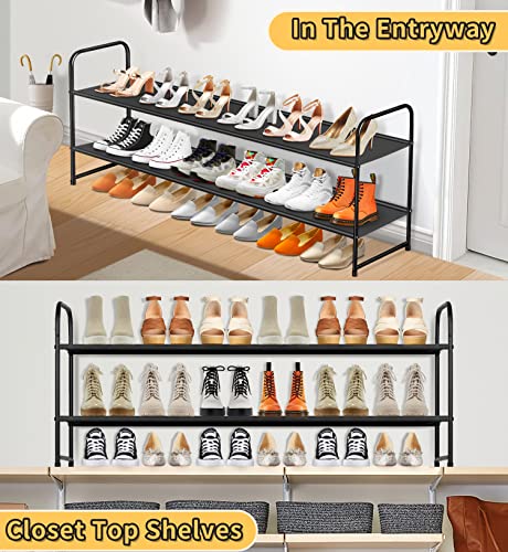 SLEEPING LAMB Long 2-Tier Shoe organizer for Closet, Stackable Wide Shoe Rack Holds 18-Pairs Low Shoe Shelf Storage for Bedroom, Floor, Entryway(Black)