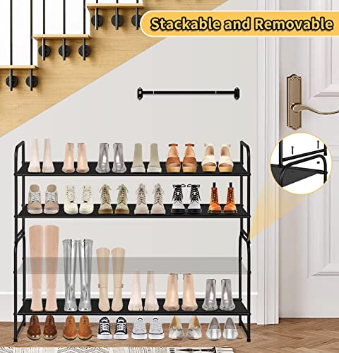 SLEEPING LAMB Long 2-Tier Shoe organizer for Closet, Stackable Wide Shoe Rack Holds 18-Pairs Low Shoe Shelf Storage for Bedroom, Floor, Entryway(Black)