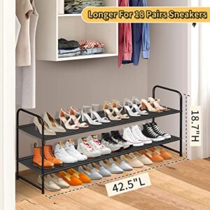 SLEEPING LAMB Long 2-Tier Shoe organizer for Closet, Stackable Wide Shoe Rack Holds 18-Pairs Low Shoe Shelf Storage for Bedroom, Floor, Entryway(Black)